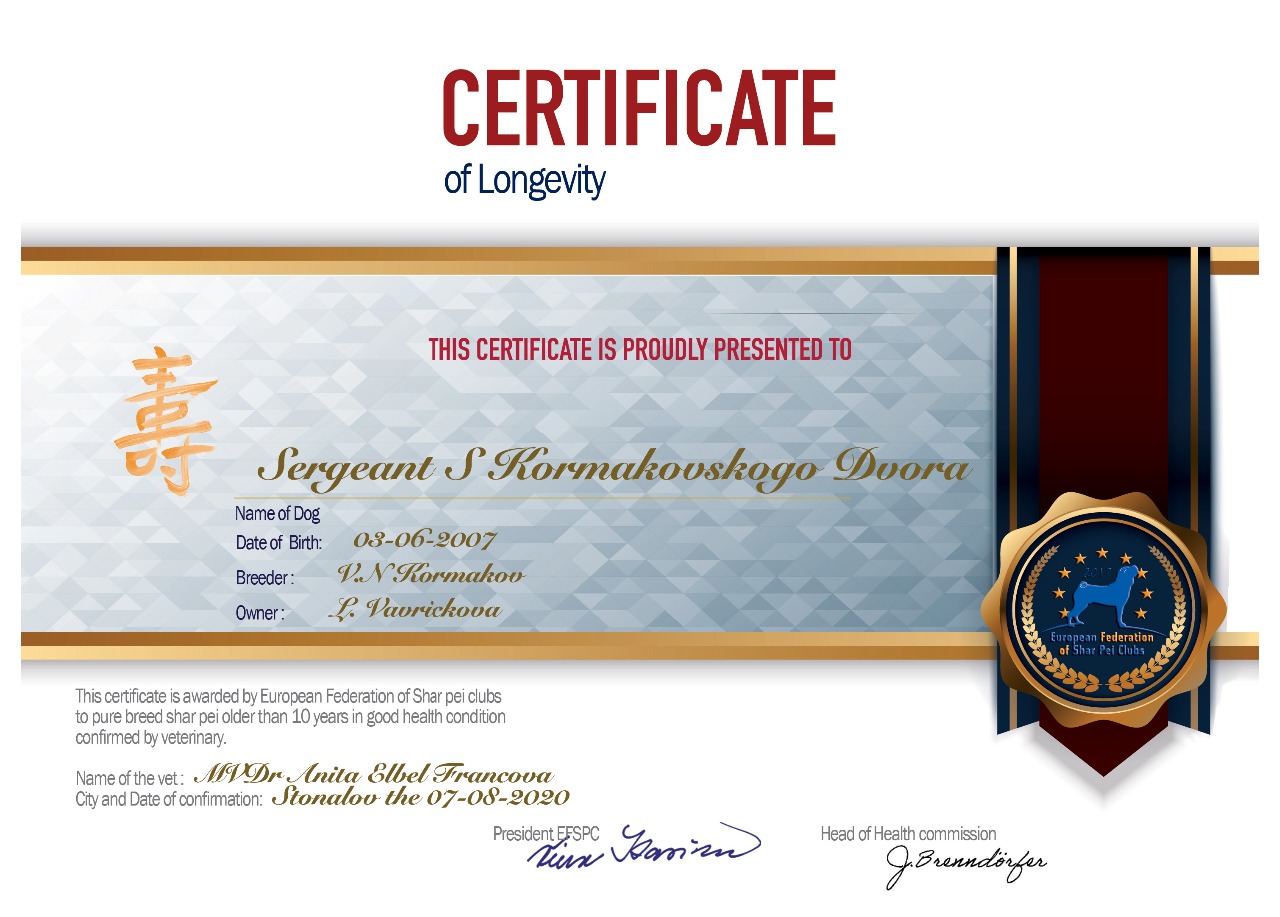 Certifikáty dlouhověkosti - Longevity certifikate :: Sharpei-cz